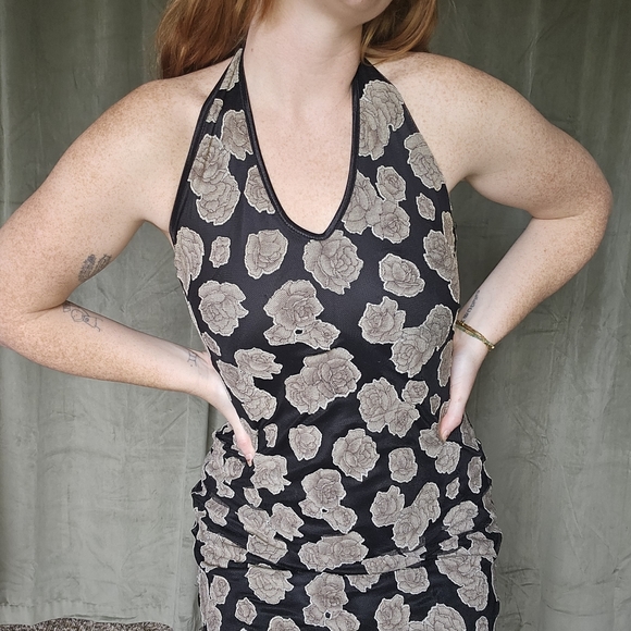 Dresses | Y2k Femi Goth Mcbling Western Coastal Black Rose Print Halter ...